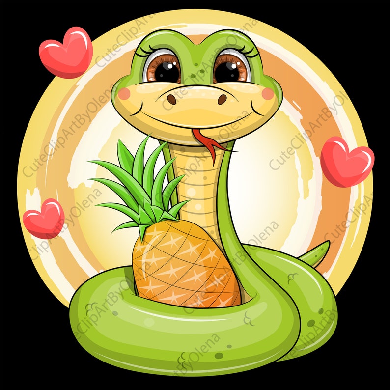 Clip Art Green Snake and Pineapple. Snake Clipart PNG. Pineapple and Snake Clipart. Cute Cartoon ...