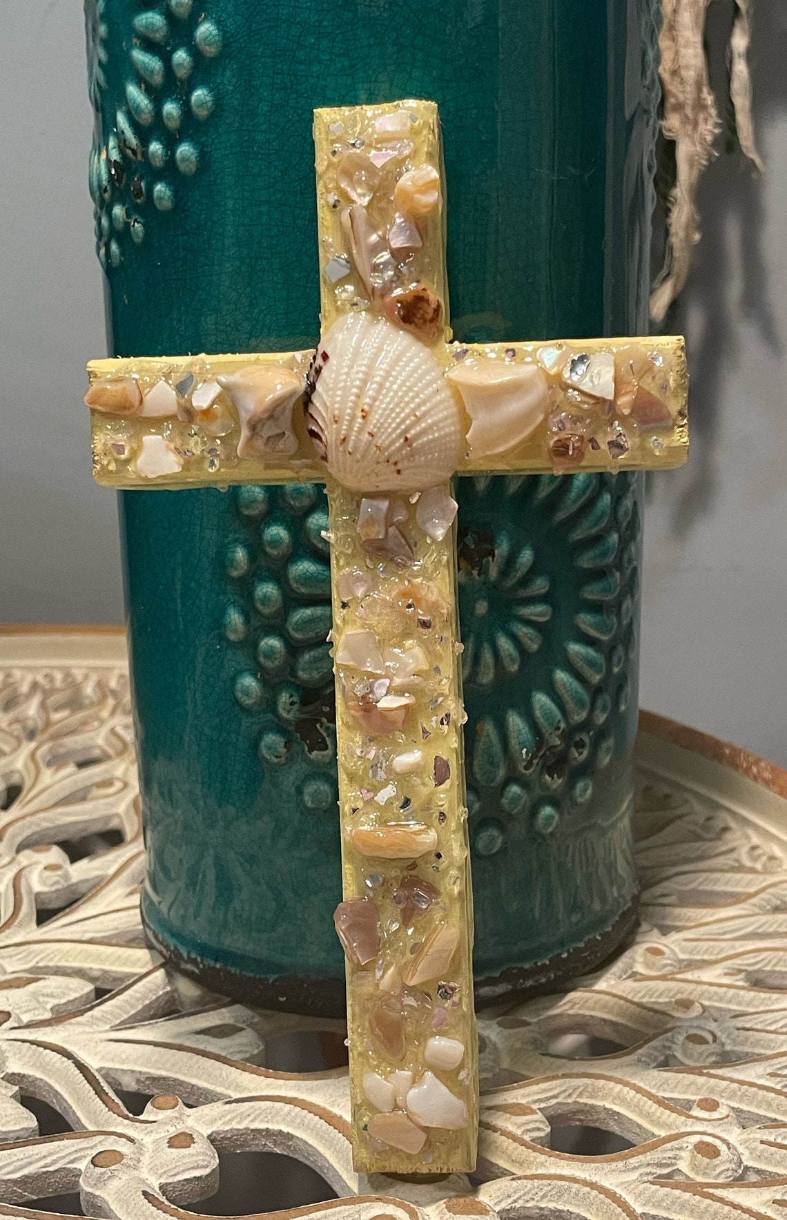 Coastal Seashell Crushed Glass Resin Cross, Religious Home Decor, Beach ...