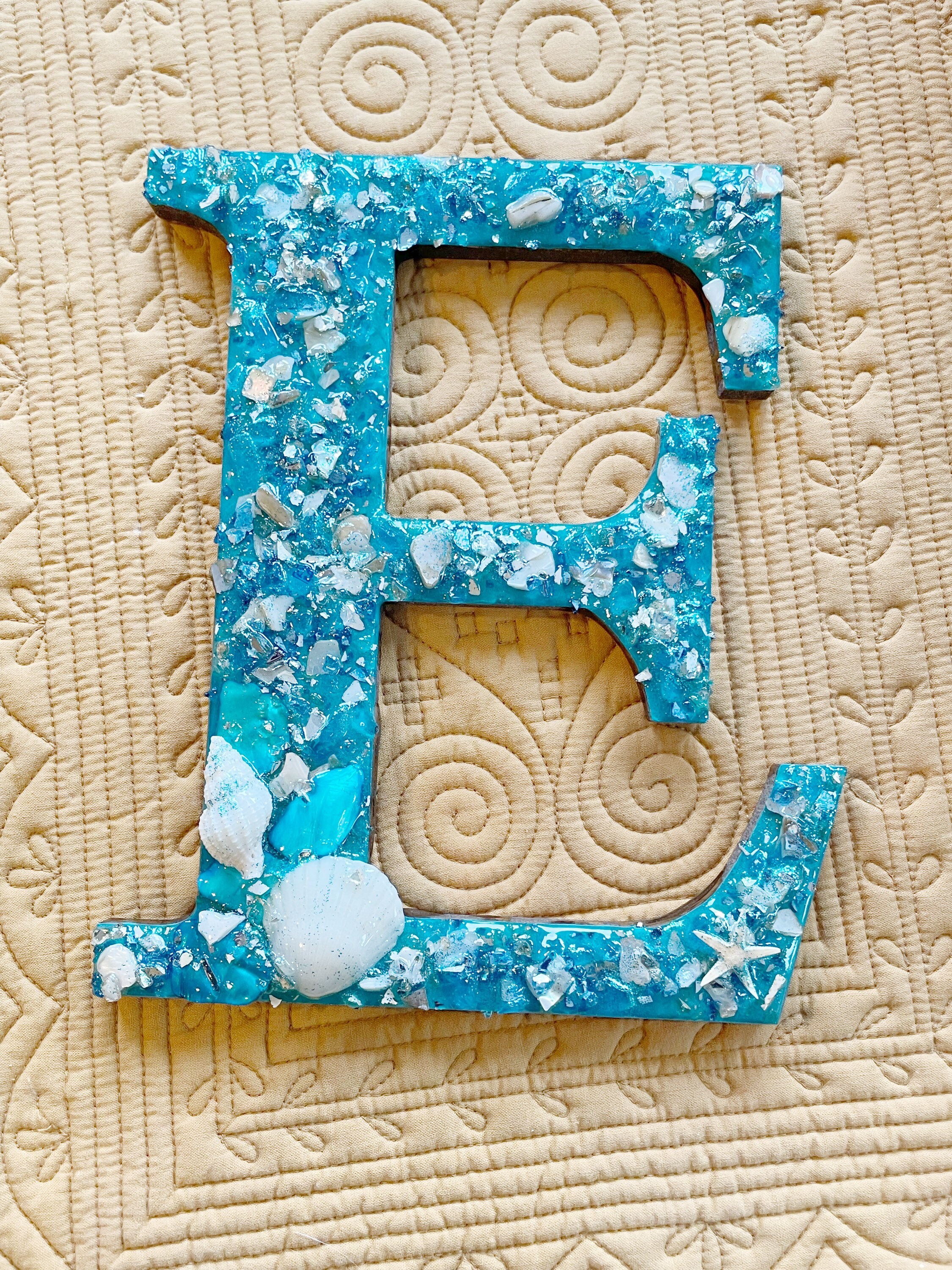 Monogrammed Letter E Initial, Turquoise Letters, Coastal Crushed Glass ...