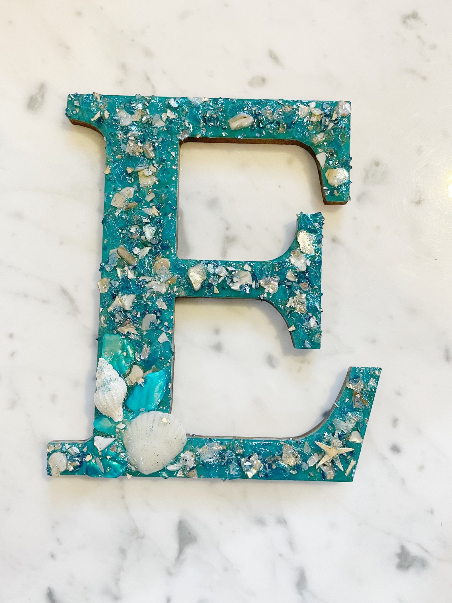 Monogrammed Letter E Initial, Turquoise Letters, Coastal Crushed Glass ...