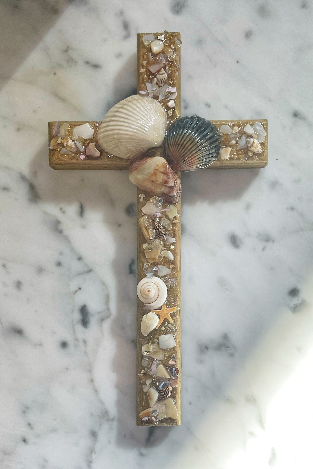 Gold Coastal Sea Glass Cross, Beach House, Crushed Glass Resin ...