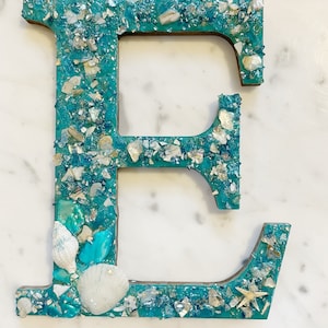 Monogrammed Letter E Initial, Turquoise Letters, Coastal Crushed Glass ...