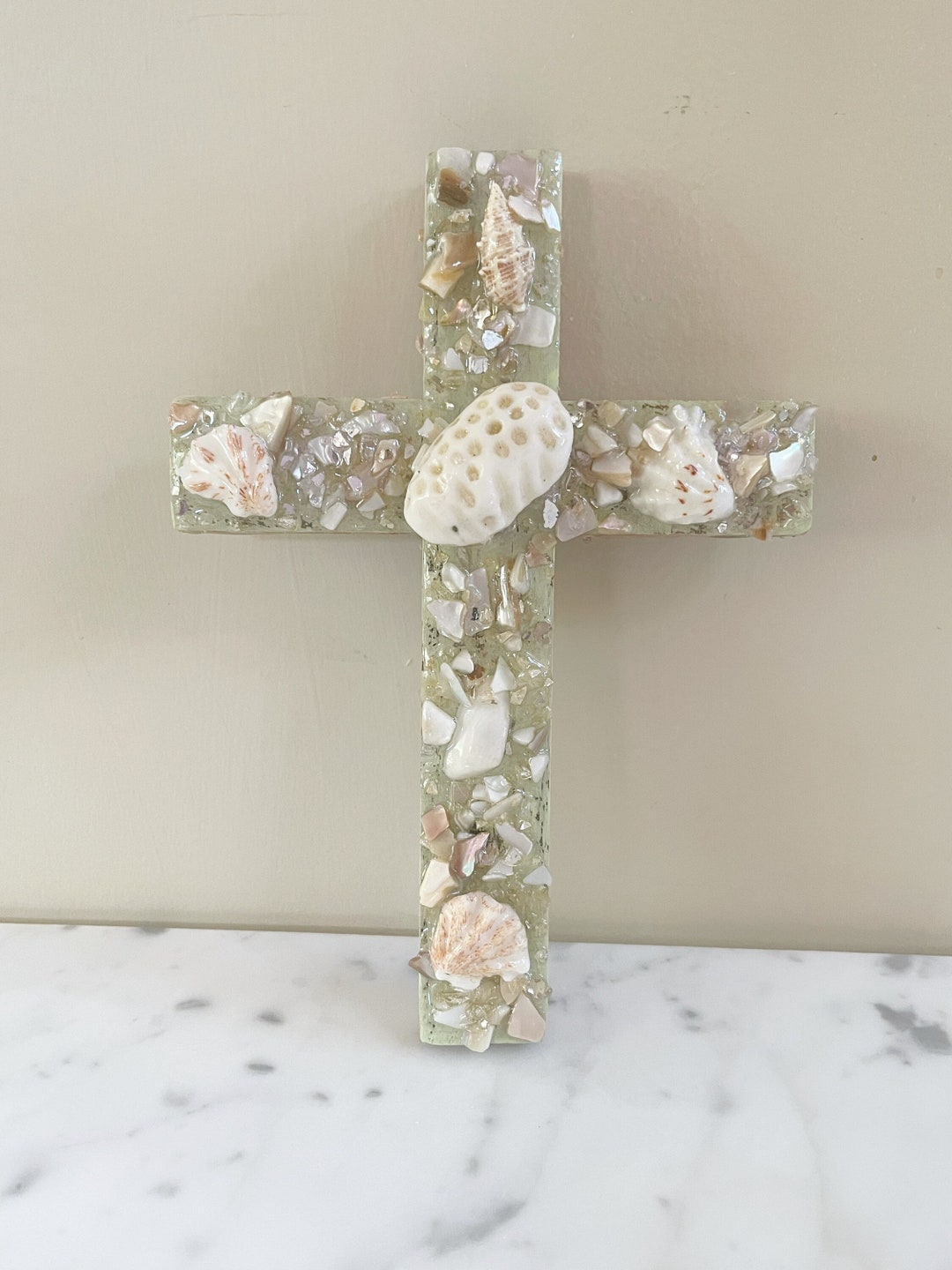 Coastal Seashell Glass Cross, Religious Home Decor, Beach House, Ocean ...