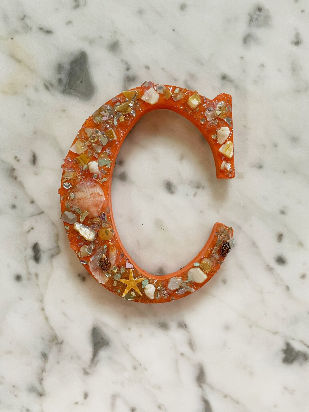 Monogrammed Letter C Initial, Coral Pink Letters, Coastal Crushed Glass ...