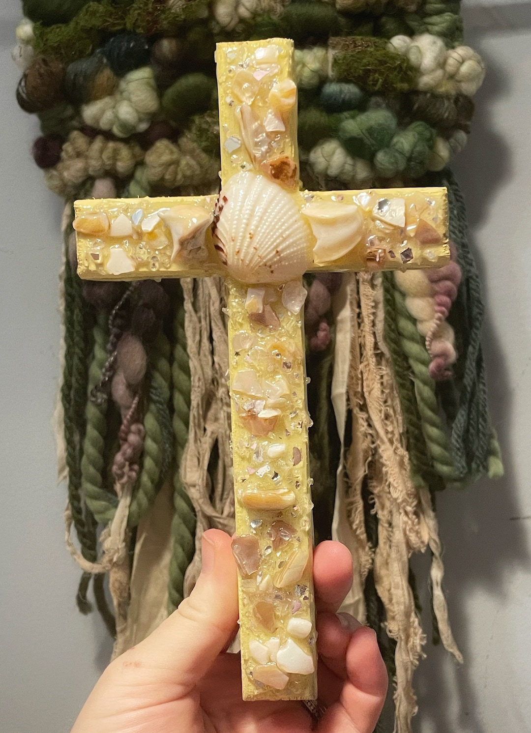 Coastal Seashell Crushed Glass Resin Cross, Religious Home Decor, Beach ...
