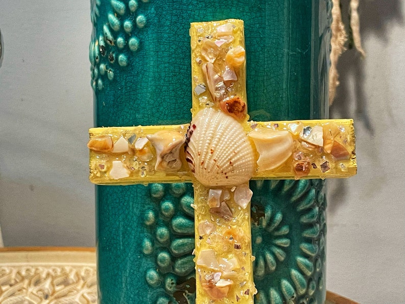 Coastal Seashell Crushed Glass Resin Cross, Religious Home Decor, Beach ...