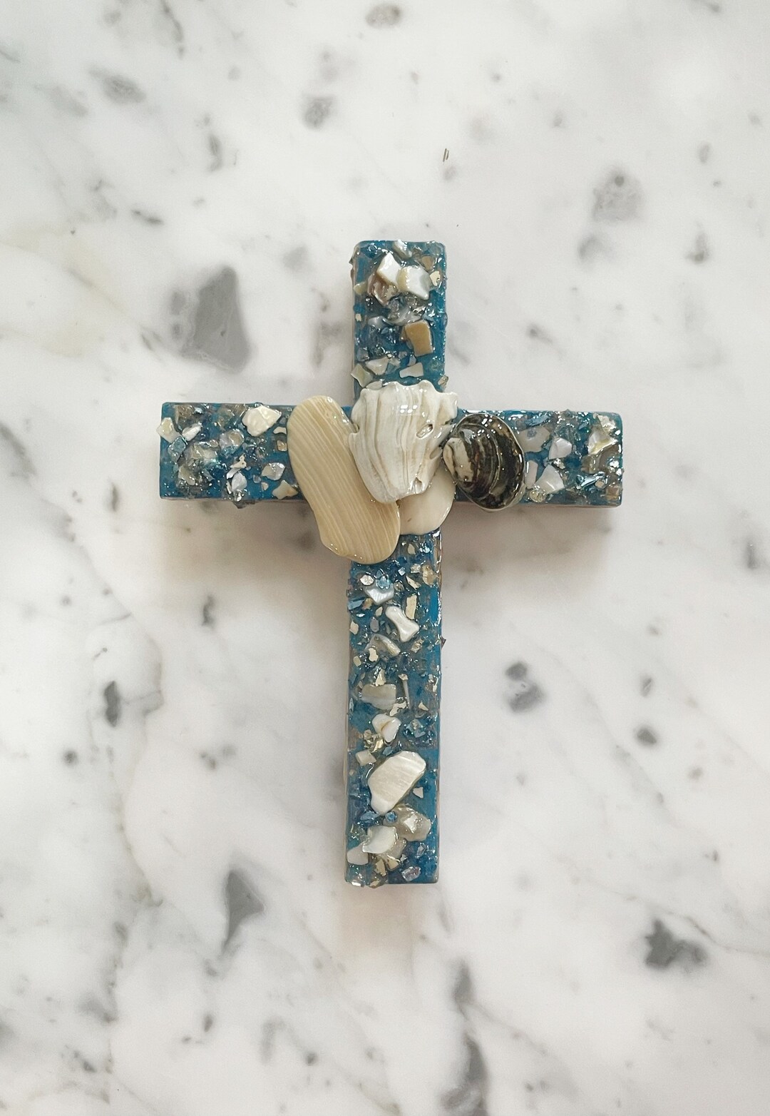 Coastal Seashell Glass Cross, Religious Home Decor, Beach House, Ocean ...