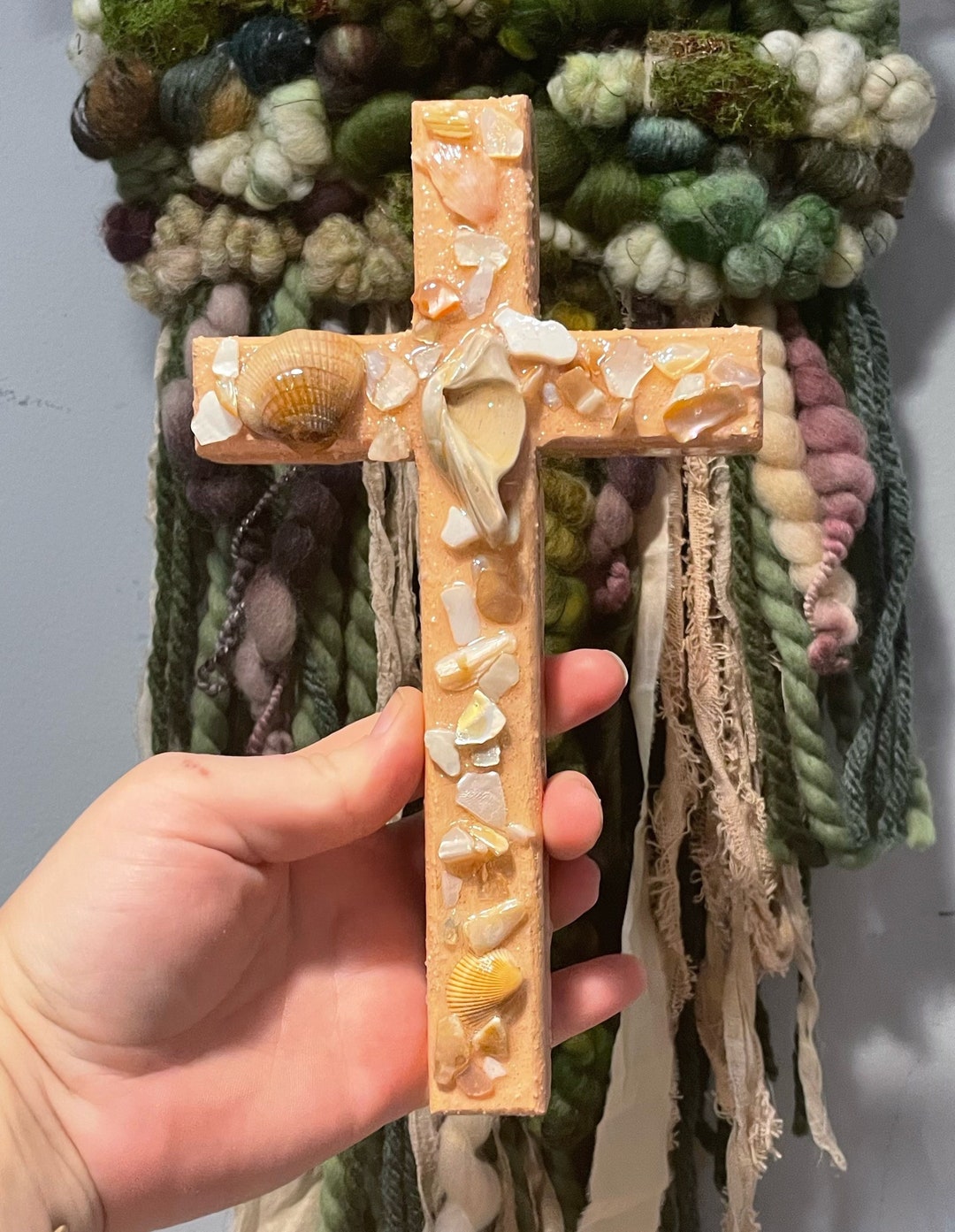 Coastal Seashell Crushed Glass Resin Cross, Religious Home Decor, Beach ...