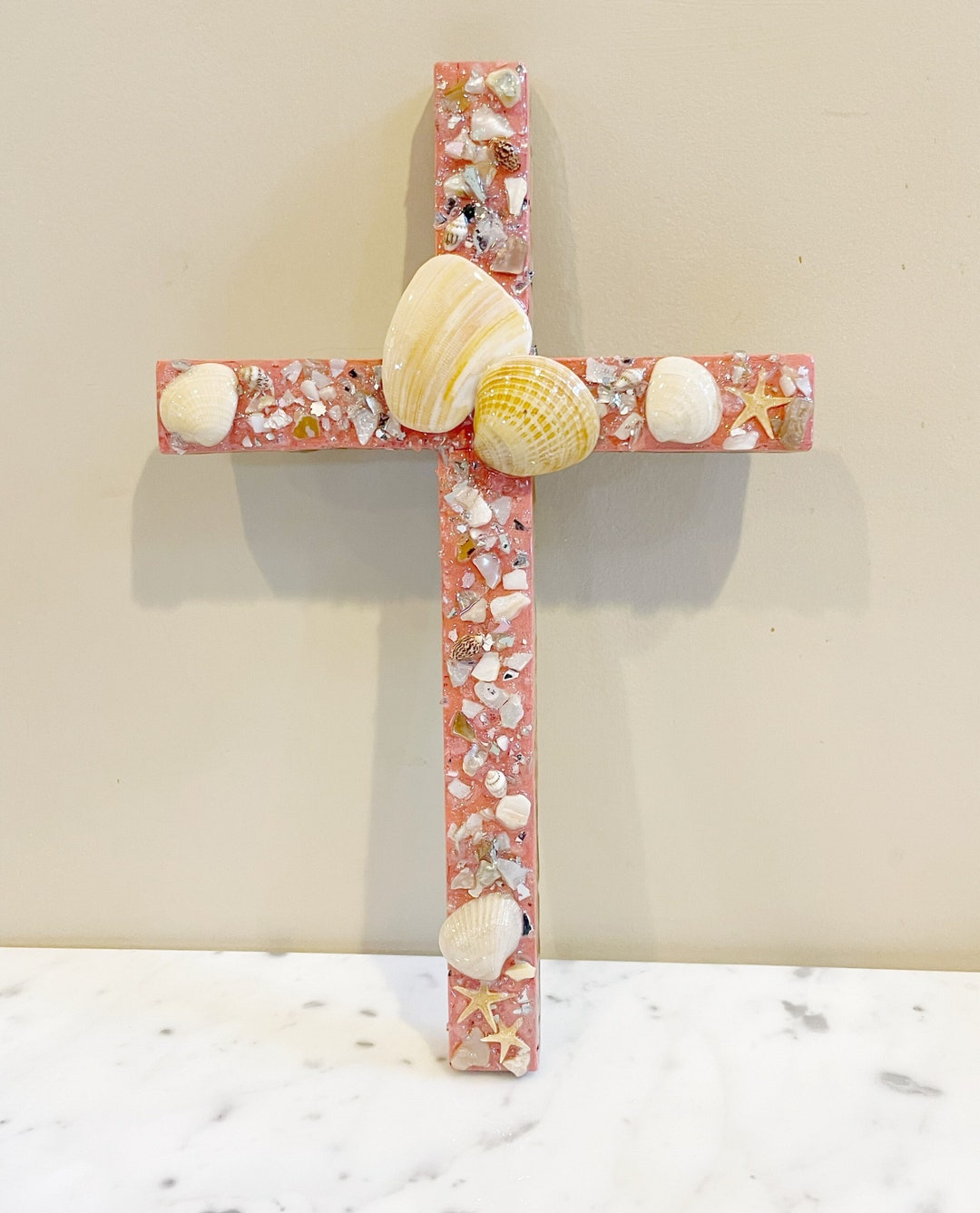 Coastal Seashell Glass Cross, Religious Home Decor, Beach House, Ocean ...