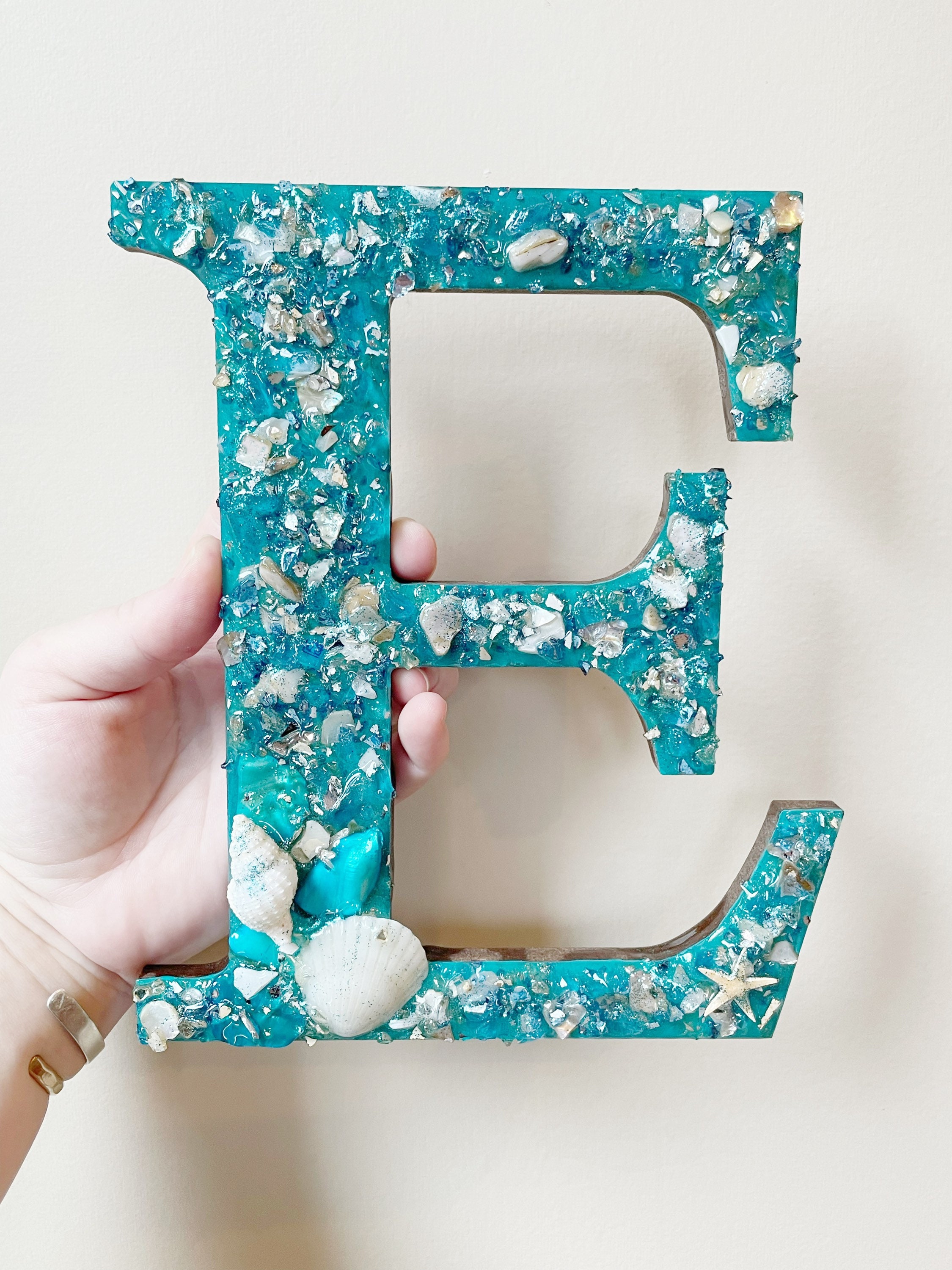 Monogrammed Letter E Initial, Turquoise Letters, Coastal Crushed Glass ...
