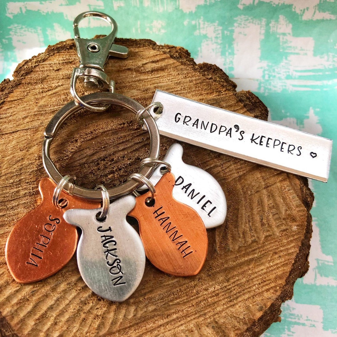 Handstamped Grandpa's Keepers Fishing Keychain, Kids Name Keychain ...
