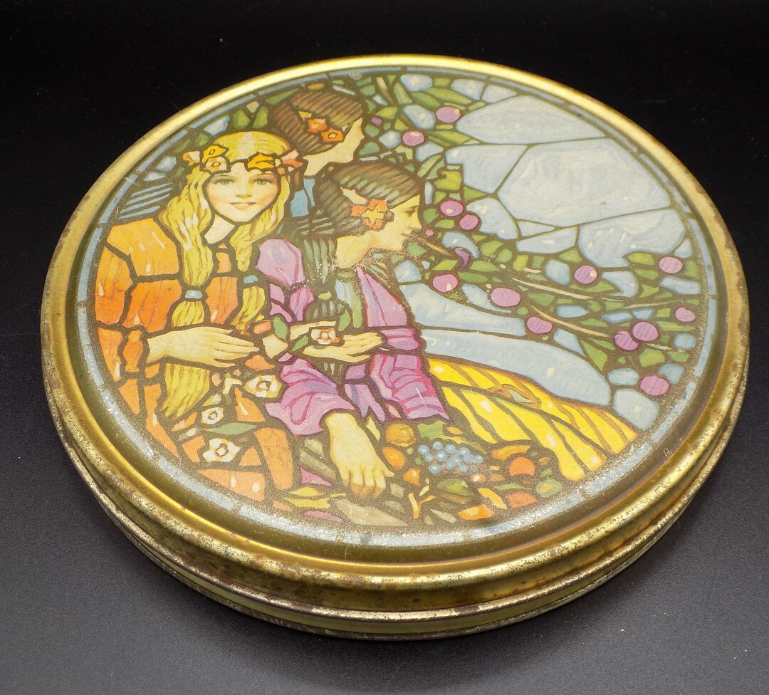 Vintage Canco Metal Candy Tin Art Nouveau - 3 Ladies -stained Glass ...
