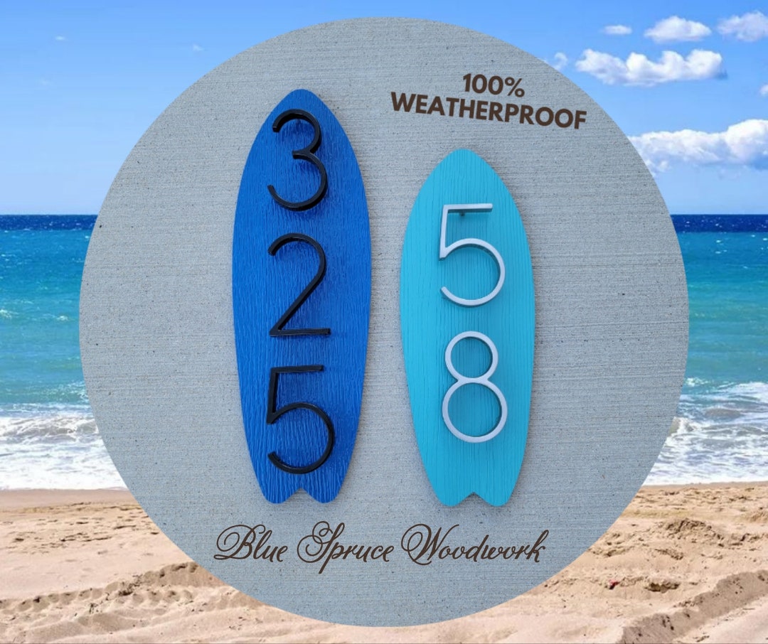 Vertical Surfboard Address Sign for House, Coastal Beach House Exterior ...