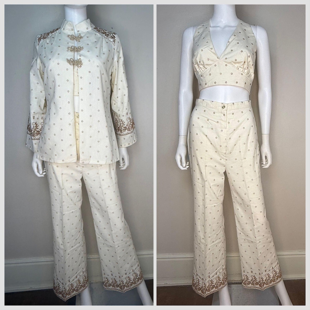Vintage 1970s 3 Piece Pant Suit Cream & Brown Flocked Floral Border ...