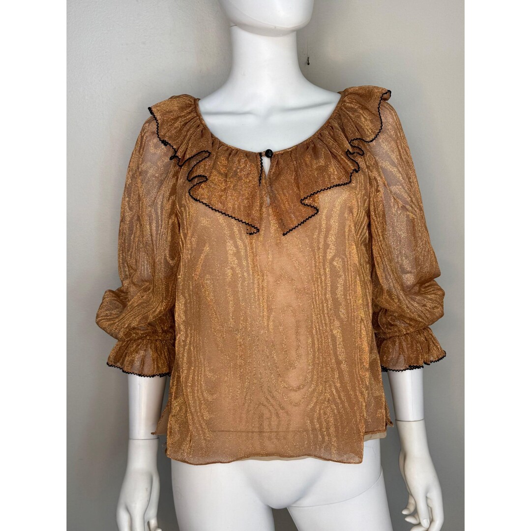 Vintage 1980s Sheer Gold Blouse With Ruffle Neck, Size Medium - Etsy
