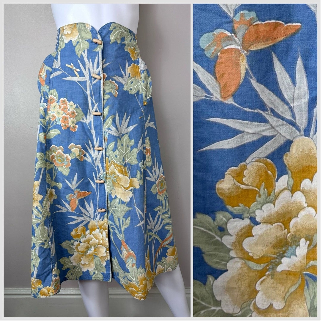 Vintage 1970s Blue Floral With Butterflies Midi Skirt, Ann Rhiger Size ...