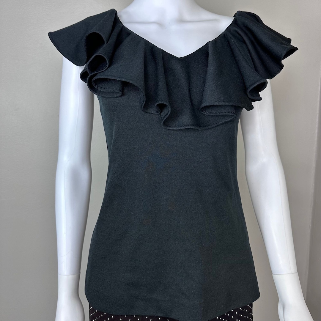 Vintage 1970s Black Ruffle Neck Sleeveless Top, Size Medium - Etsy