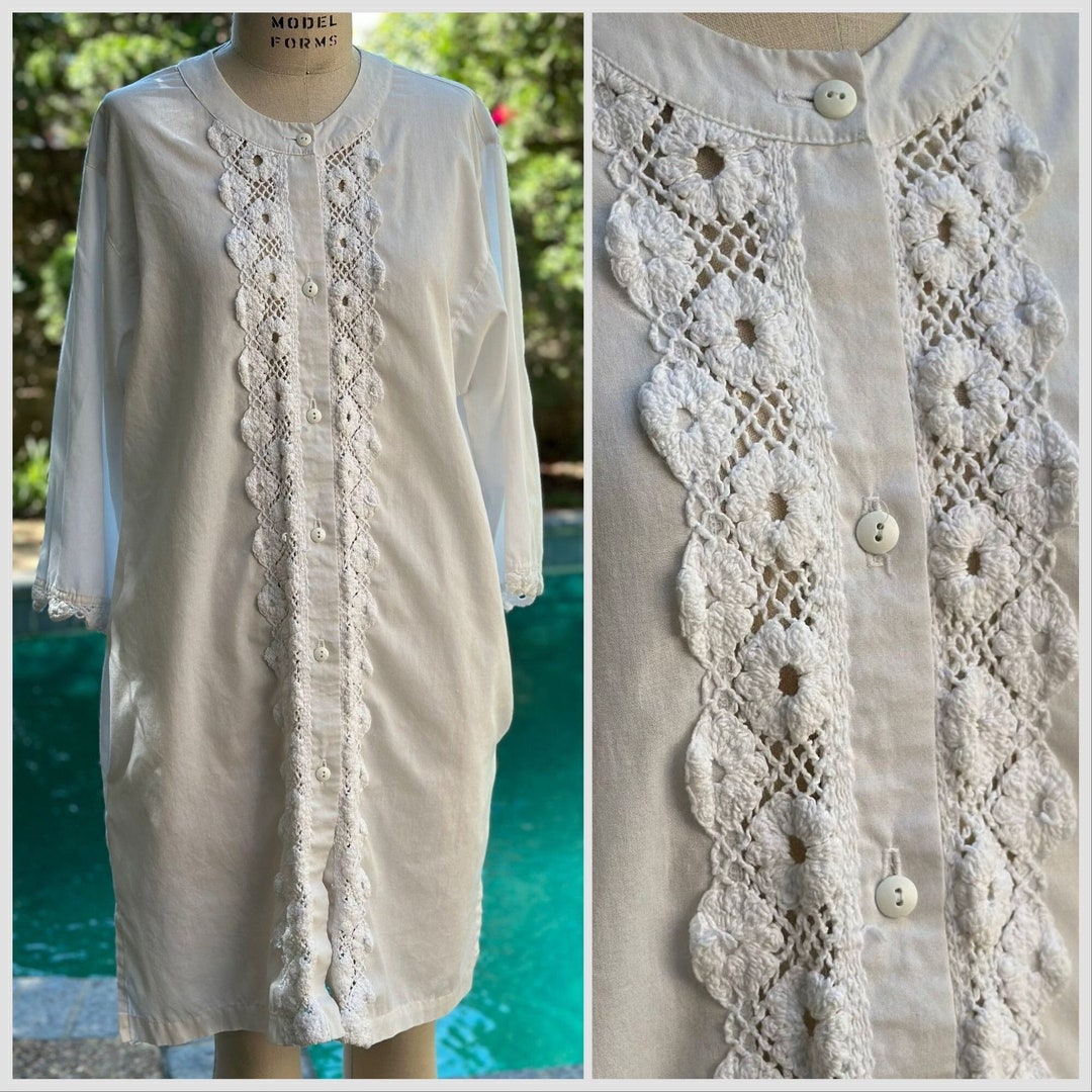 Vintage 1980s White Swim Cover-up Button Front Tunic, Sea Waves Size ...