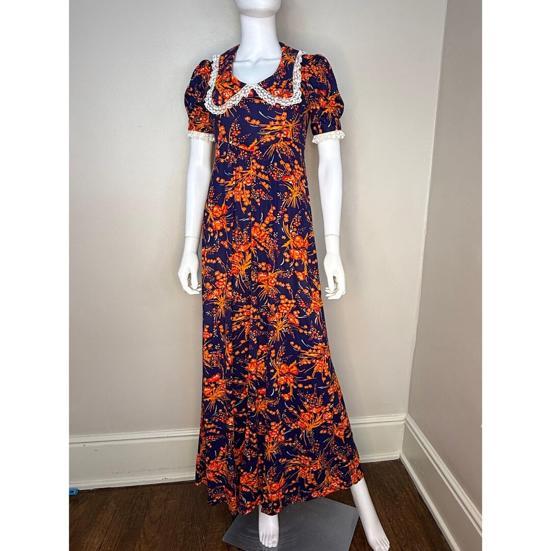 Vintage 1960s/70s Navy Blue and Orange Floral Maxi Dress, Size Small ...