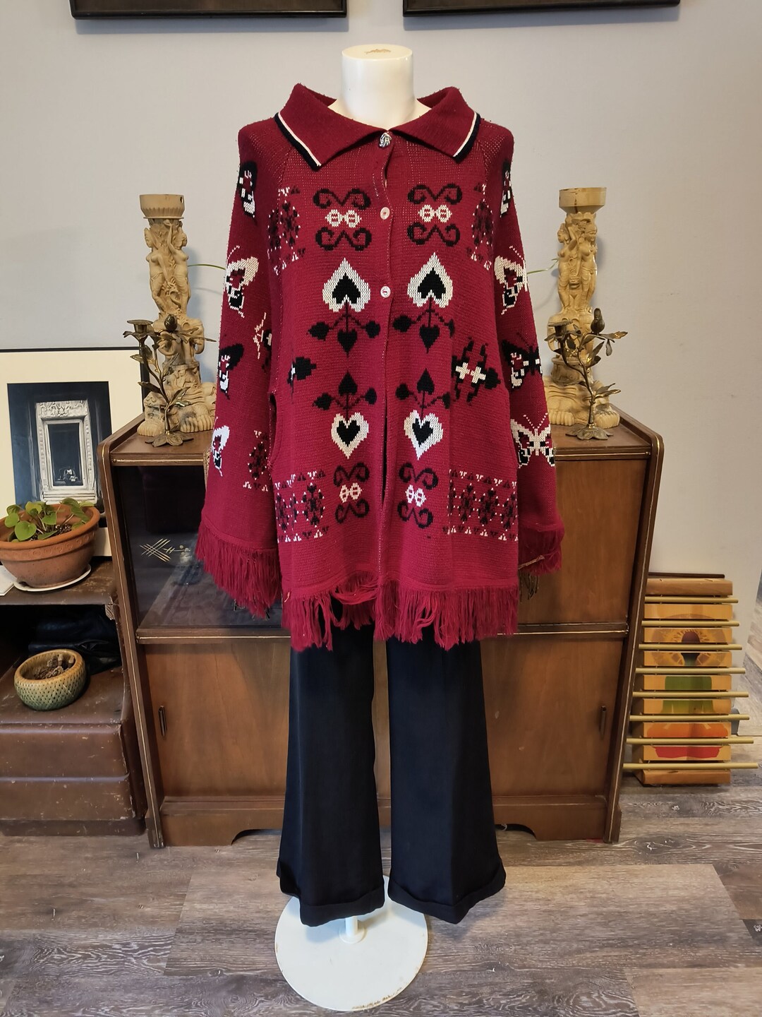 Vintage 70s Poncho Butterfly Intarsia Knit Red Collared Fringe Poncho ...