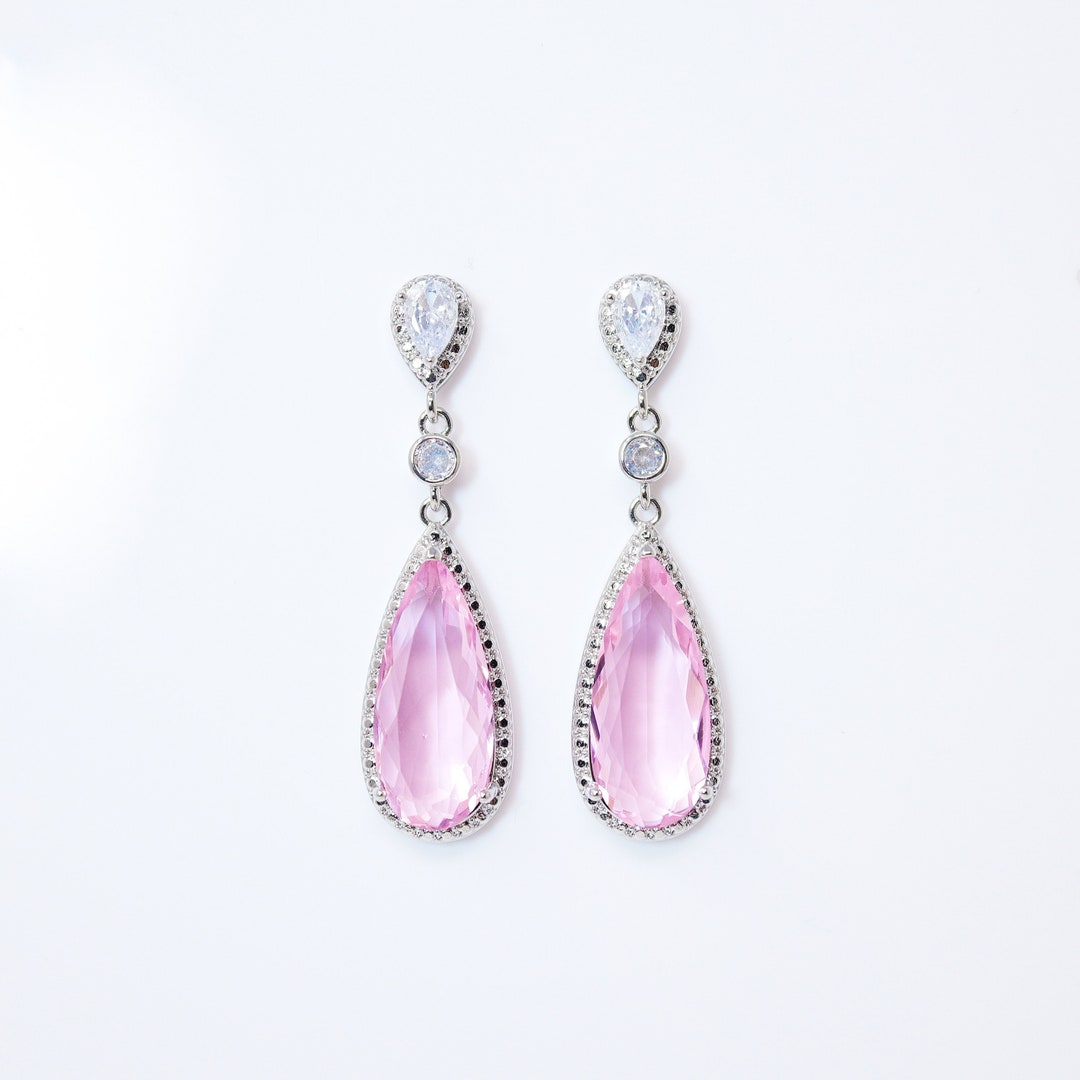 Cubic Zirconia Diamond Pink Drop Galaxy Earrings, Bridal Jewelry ...