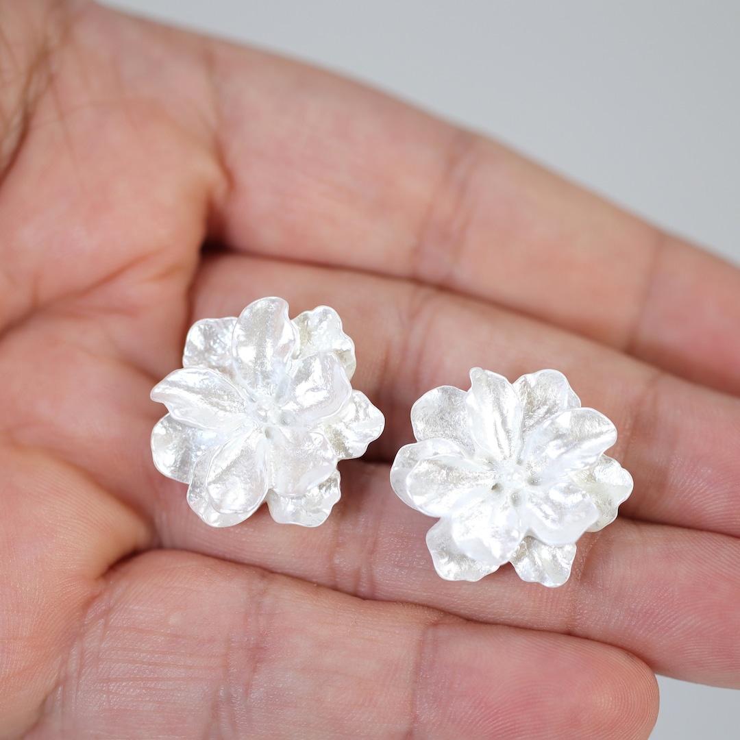 White Flower Pearl Dusted Earrings, Bridal Jewelry, Bridal Stud ...