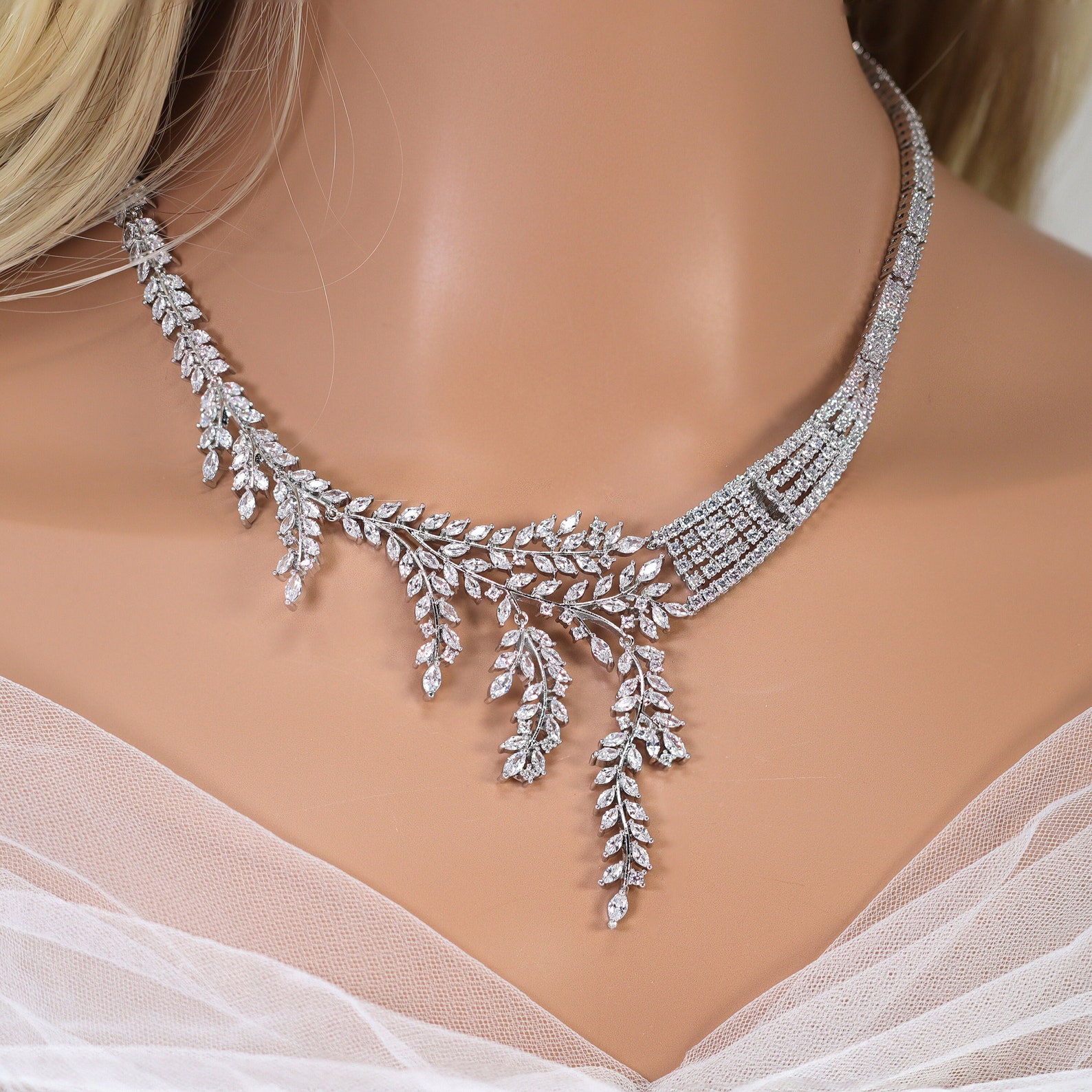 Diamond/ Swarovski Crystal Bunch of Fallen Leaves Asymmetrical Necklace ...