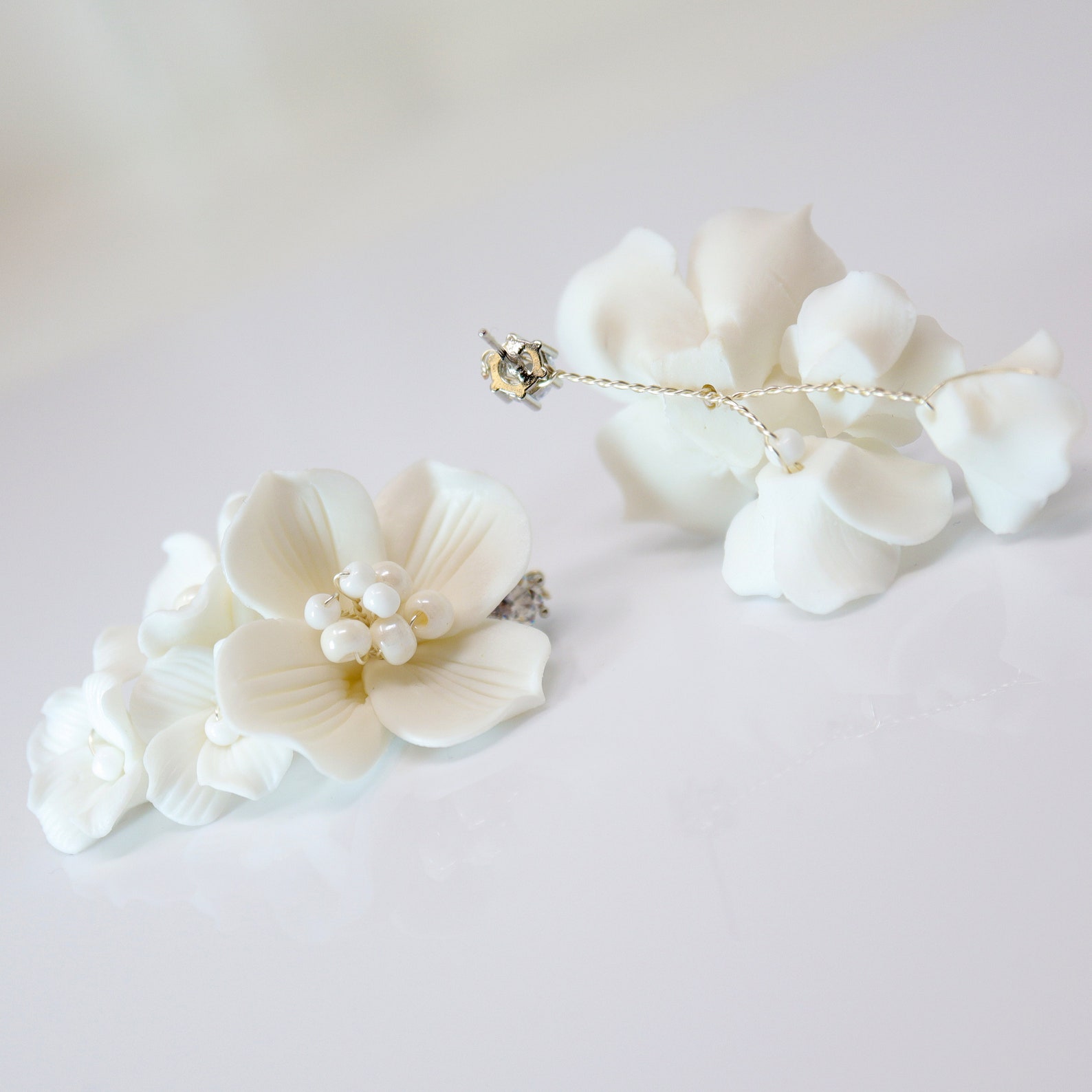 Swarovski Porcelain Ceramic White Flower Pearl Sparkling Crystal Long ...