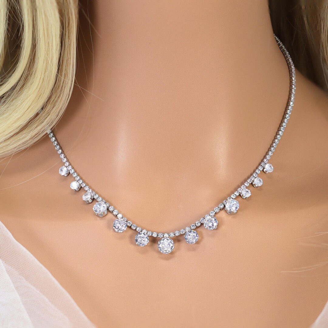Swarovski Bridal Dainty Falling Crystals Necklace, Long Bridal Jewelry ...