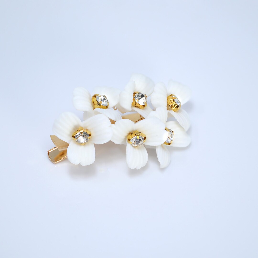 Swarovski Crystal Dainty Porcelain White Flower Bloom Bridal Hair Clip ...
