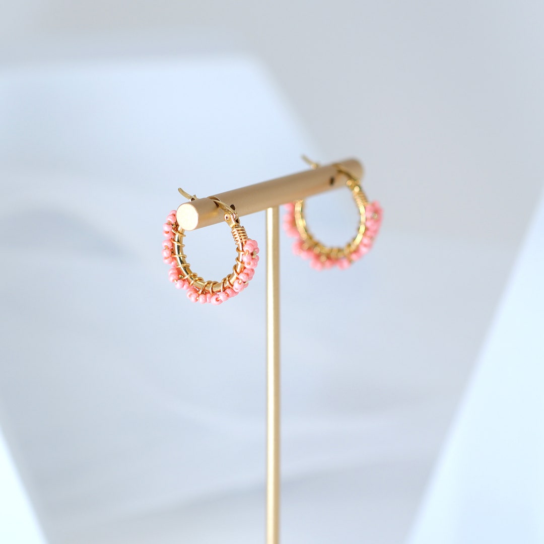 Gold Peach Color Beaded Hoop Earrings, Bridal Earrings, Wedding Guest ...