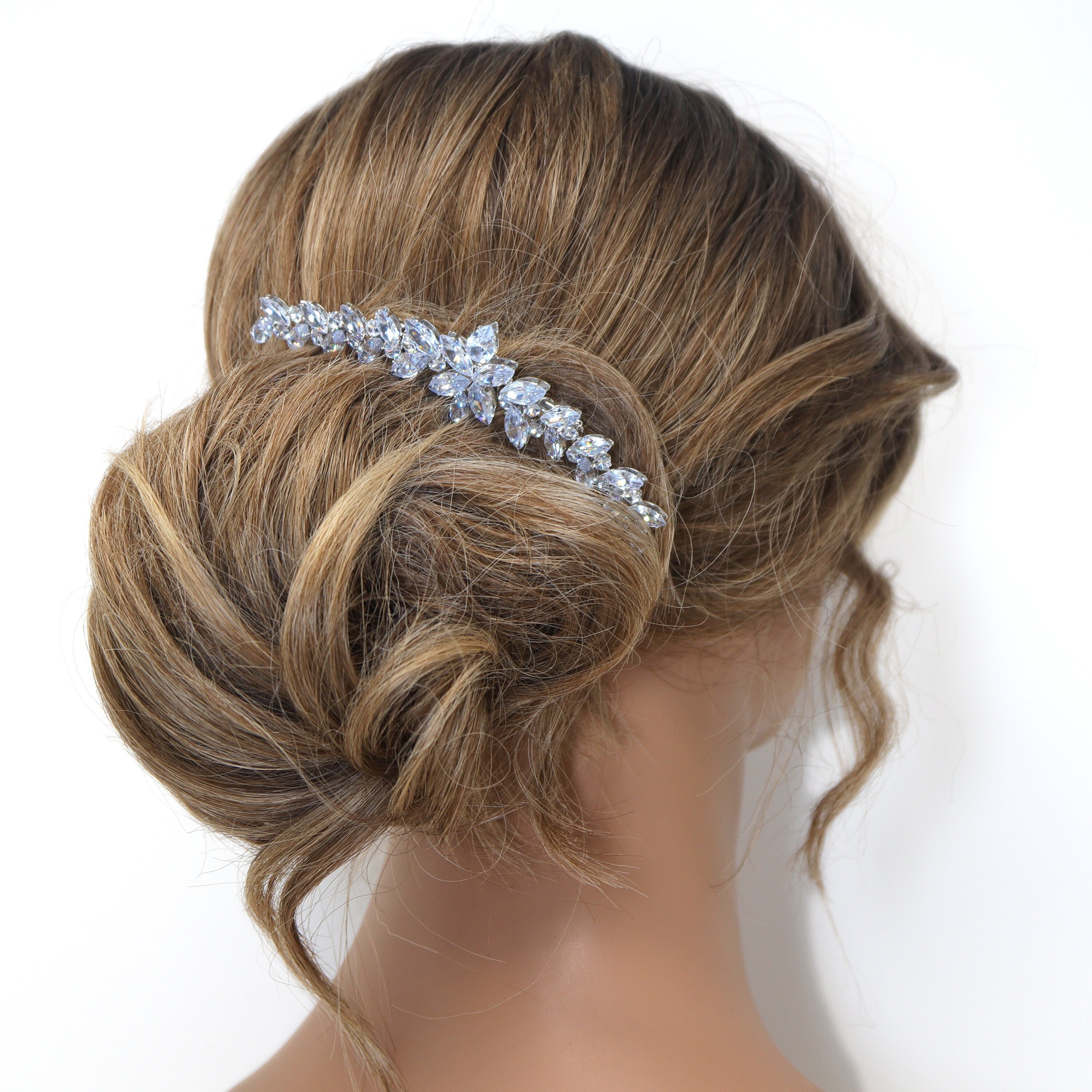 Cubic Zirconia, Diamond Half Moon Vine Leaves Bridal Hair Comb, Bridal ...