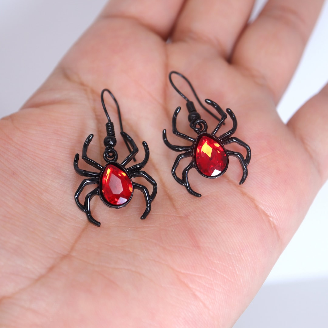 Rhinestone Red Black Spider Halloween Earrings, Long Halloween Earrings ...