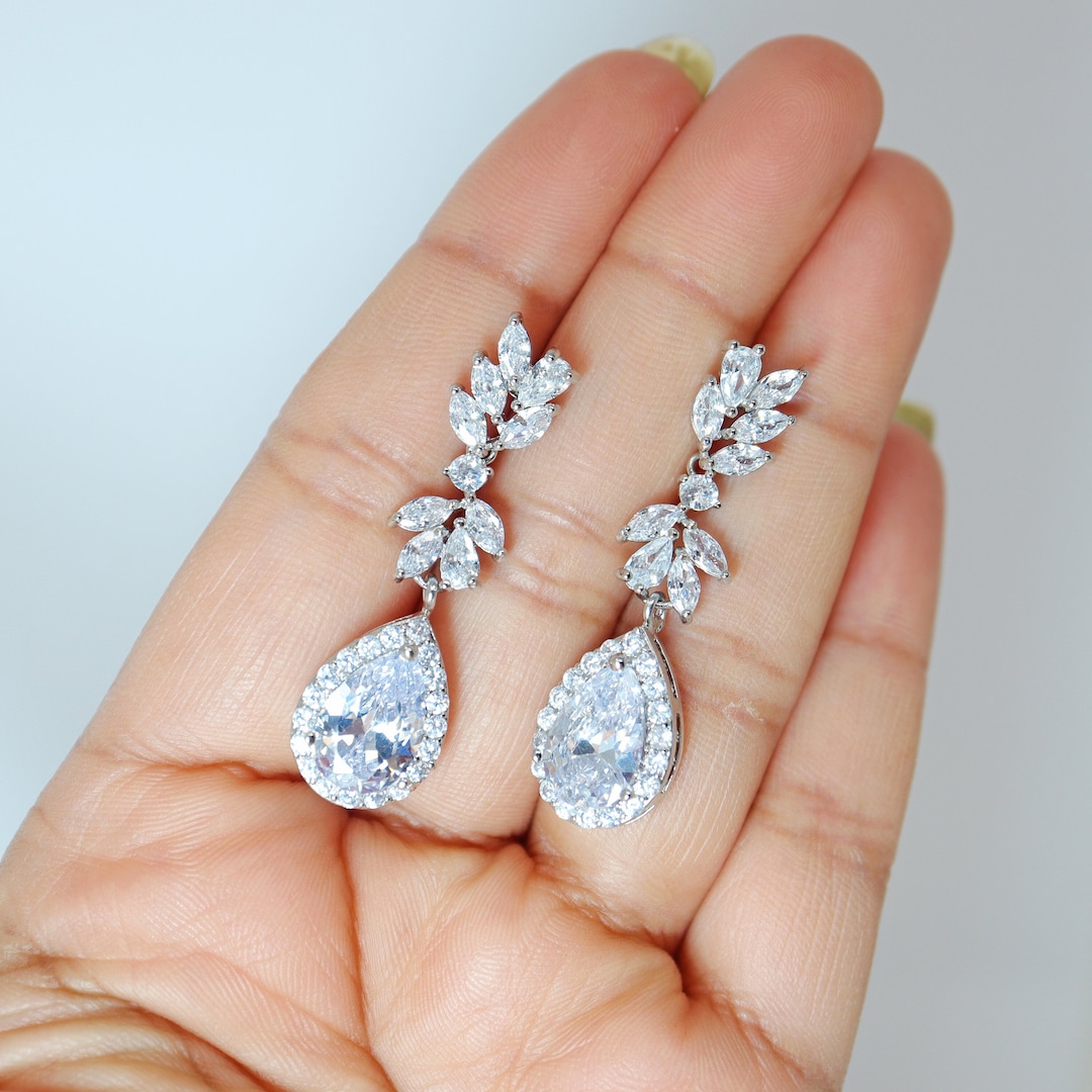 Swarovski Vine Leaves Drop Earrings, Long Dangle Crystal, Diamond Earrings, Long Bridal Jewelry ...
