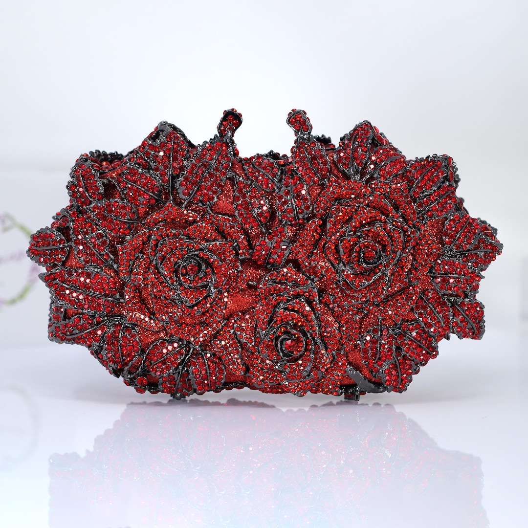 Black Red Rose Rhinestone Floral Wedding Bag, Statement Bag, Evening ...