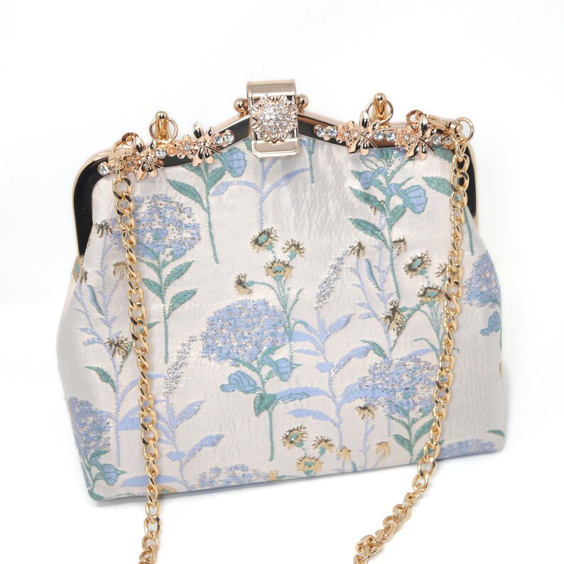 Blue Floral Embroidered Bridal Clutch Bag: Shimmering Gold Evening Bag ...