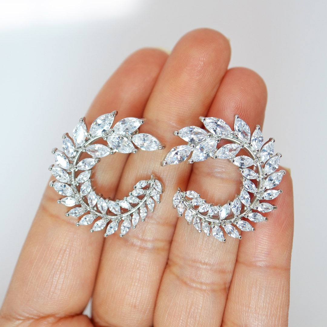 CZ Dainty Leafy Vine Stud Earrings, Diamond Leaves Earrings, Long Bridal Jewelry, Bridal ...