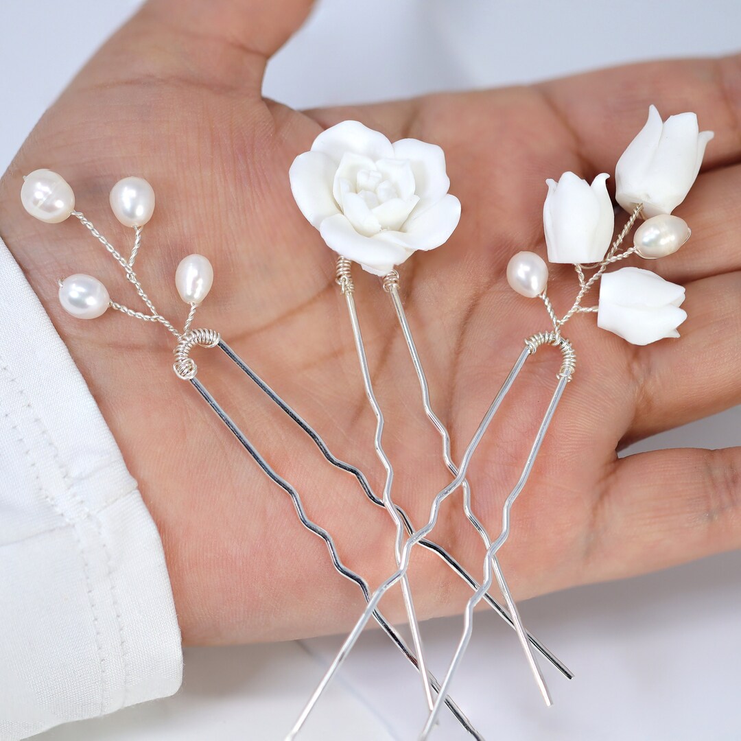 Set of 3 Freshwater Pearl Dusted White Rose and Lily Blossom Hair Comb ...