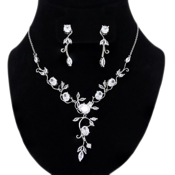 Swarovski Crystal Floral Vine Leaves Necklace Long Bridal Jewelry Bridal Earrings And Necklace Statement Earrings Cz Necklace Set