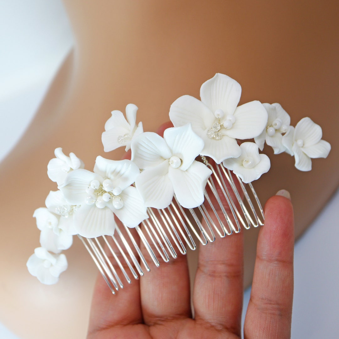 Ceramic White Flower Flowers Pearl Hair Comb, Bridal Hair Piece, Bridal ...
