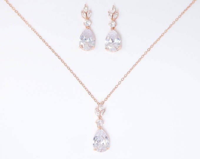 Rose Gold Bridal Jewelry, Crystal Necklace and Earrings, Vintage Rose ...