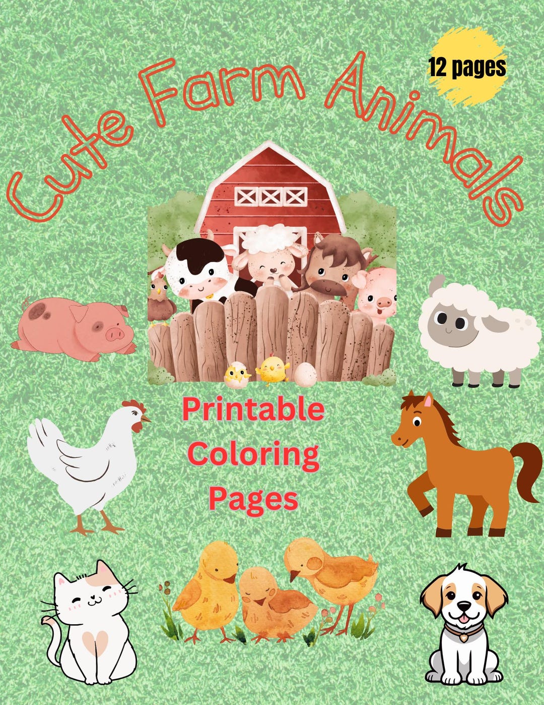 Cute Farm Animals Coloring Printable Pages, 12 Pages, Size 8,5x11" - Etsy