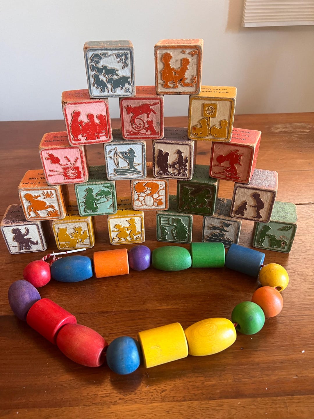 20 Vintage Nursery Rhyme Wooden Blocks and String of 16 Wooden Beads ...
