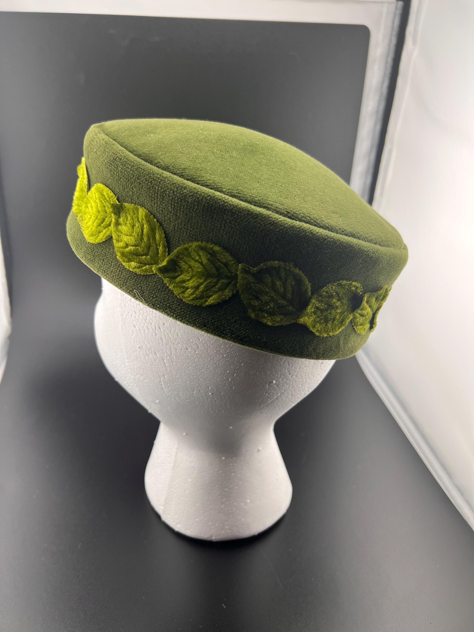 Green Velvet Hat With Velvet Leaf Accentstimeless Elegance - Etsy