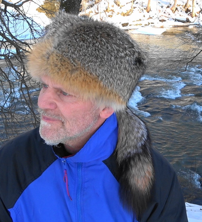 Gray Fox Fur Hat With Tail... Mens Red Fox Hats Raccoon Skunk Beaver ...