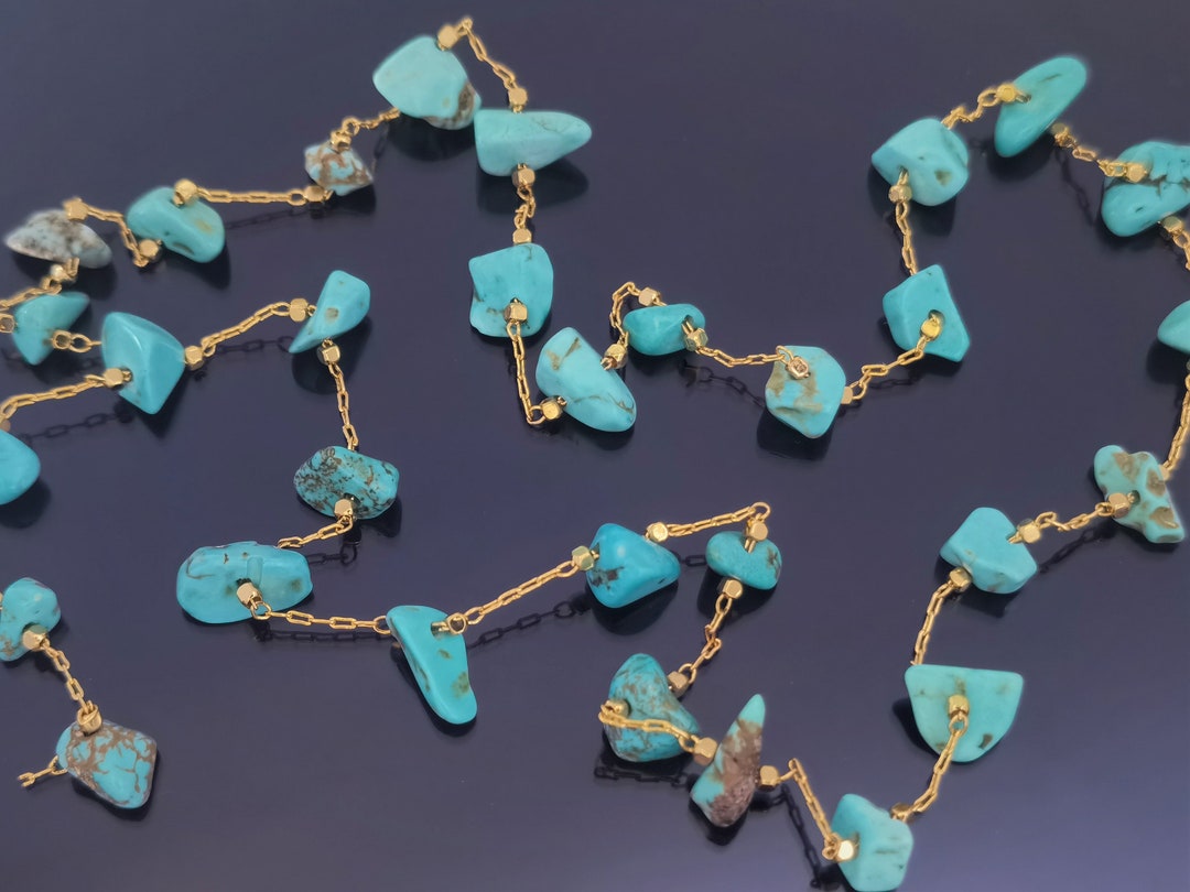 50cm Gravel Turquoise Chain/18k Gold Plated Natural Genuine Blue ...