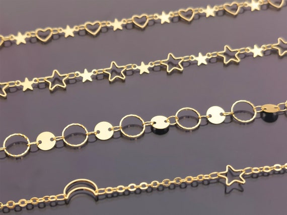 14K Gold Star and Crescent Moon Link Chain/ Golden Heart Stars - Etsy