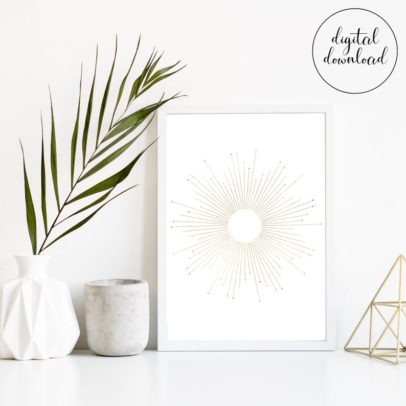 Gold Sun Art Print, Line Art, Line Drawing, Gold Line Art, Printable ...