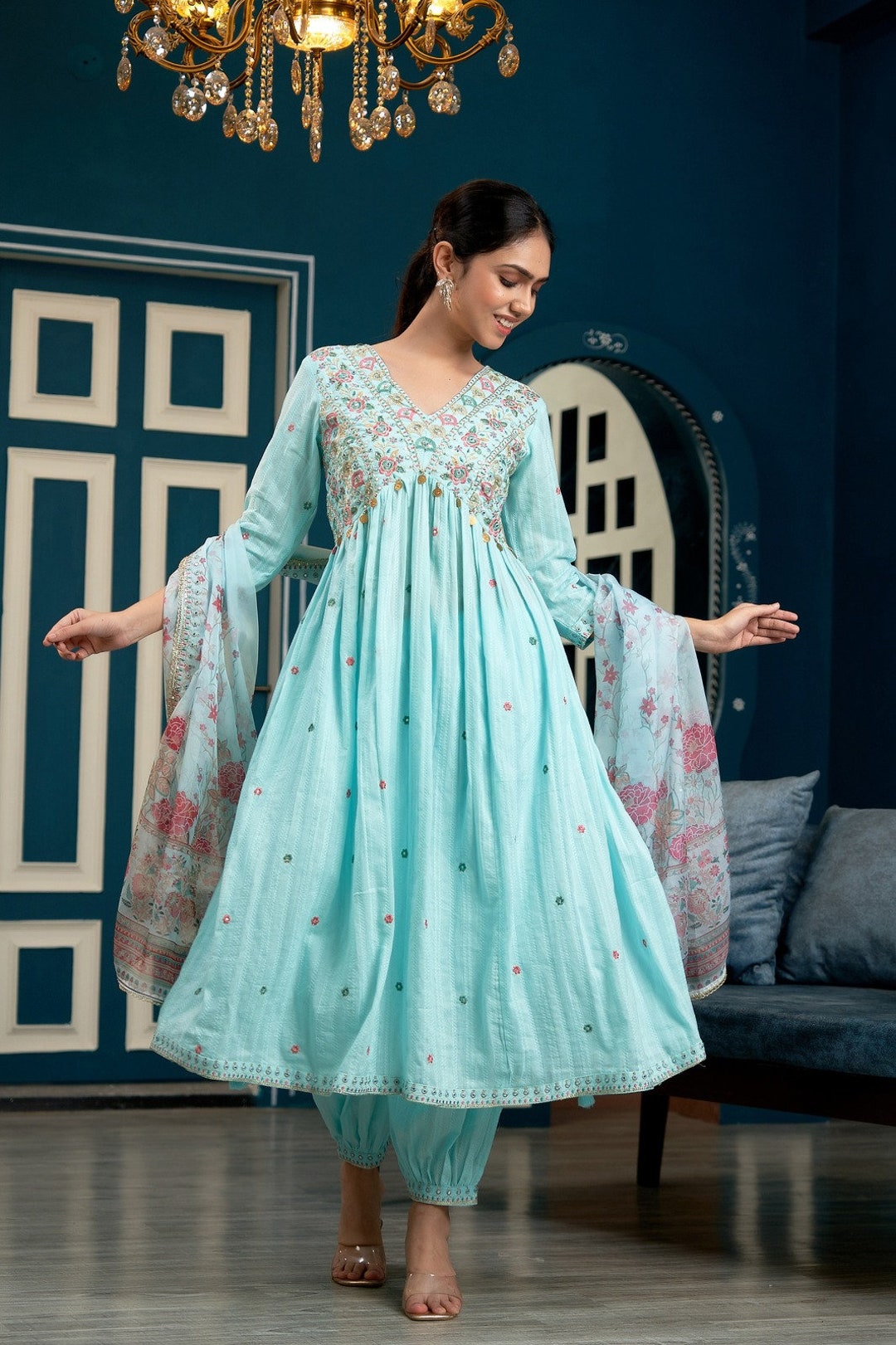 Anarkali Aliya Cut Salwar Kameez With Afghan Pants and Dupatta - Etsy