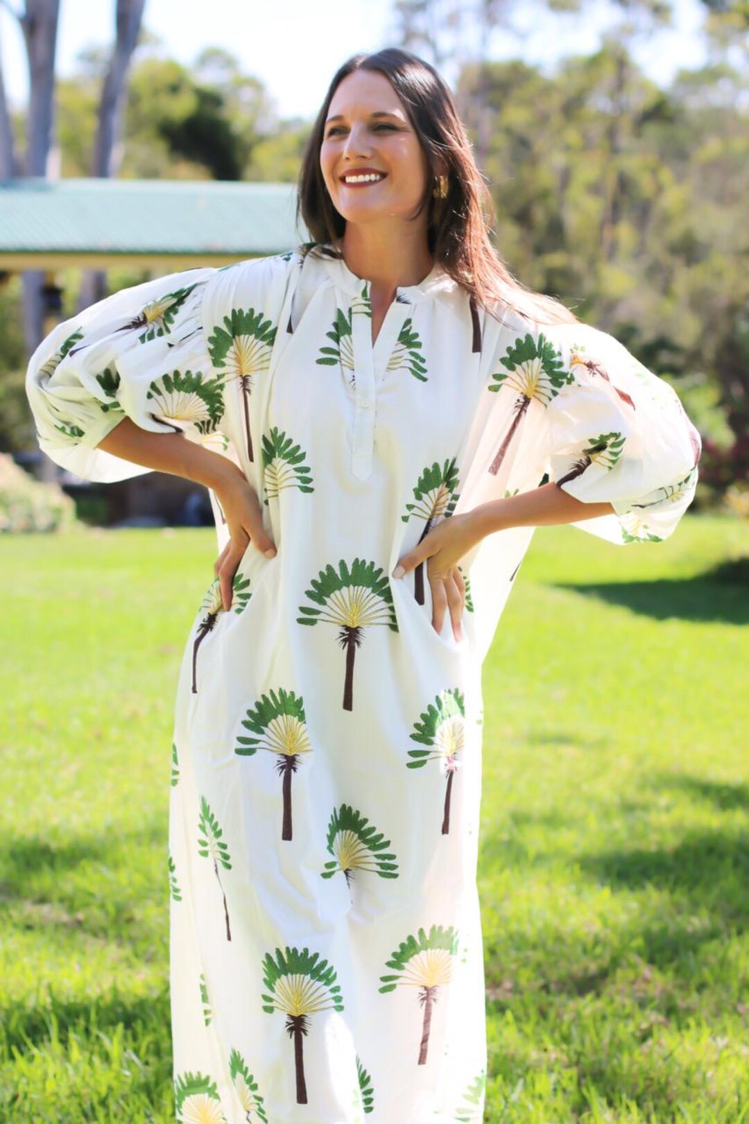 Palm Tree Block Print Kaftan Midi Dress - Etsy